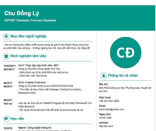 #7825 Mẫu CV ASP.NET Developer, Front-end Developer thiết kế chuẩn nhất 2025 bởi Chu