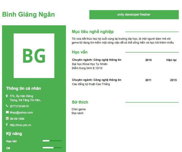 #8615 Mẫu CV unity developer fresher thiết kế chuẩn nhất 2025 bởi Bình G