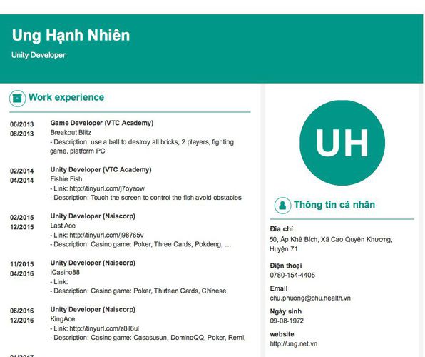 #8429 Mẫu CV Unity Developer thiết kế chuẩn nhất 2025 bởi Ung H