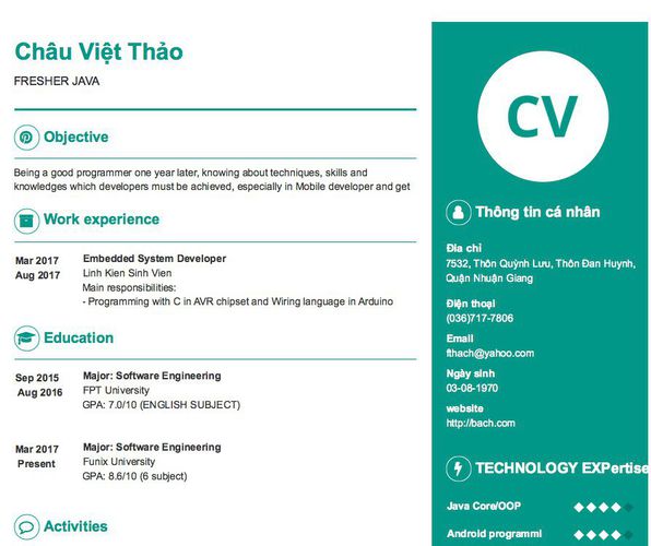 #8307 Mẫu CV FRESHER JAVA thiết kế chuẩn nhất 2025 bởi Châu V