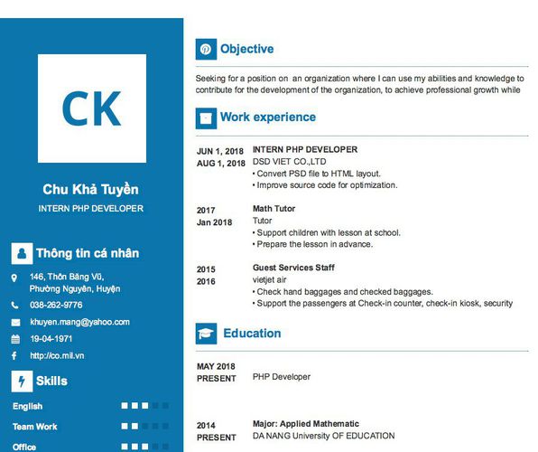 #7584 Mẫu CV INTERN PHP DEVELOPER thiết kế chuẩn nhất 2025 bởi Chu K
