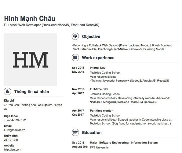 7319 Mẫu Cv Full Stack Web Developer Back End Nodejs Front End Reactjs Thiết Kế Chuẩn Nhất