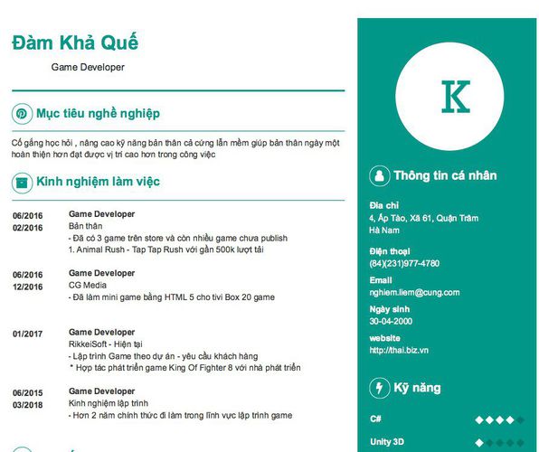 #8426 Mẫu CV Game Developer thiết kế chuẩn nhất 2025 bởi Đàm K