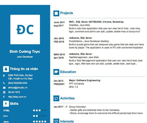 #7767 Mẫu CV Java Developer thiết kế chuẩn nhất 2024 bởi Đinh C
