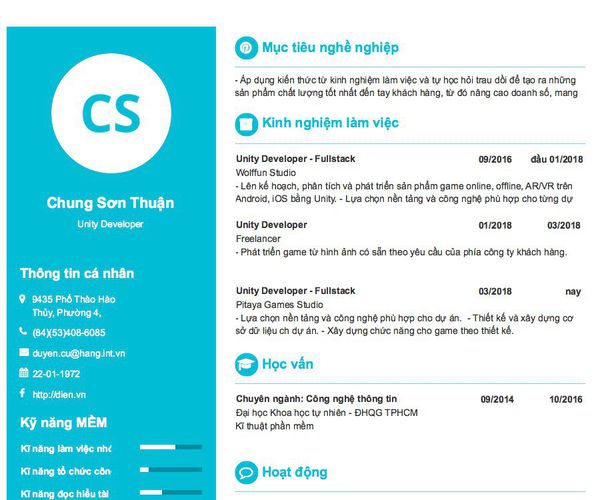 #8500 Mẫu CV Unity Developer thiết kế chuẩn nhất 2025 bởi Chung S