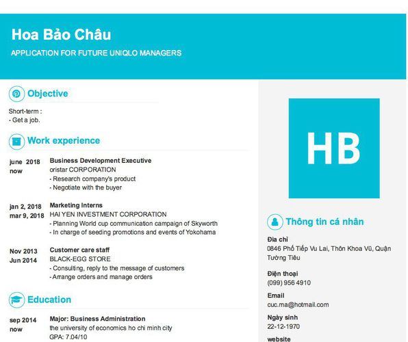 #12661 Mẫu CV APPLICATION FOR FUTURE UNIQLO MANAGERS thiết kế chuẩn nhất 2024 bởi Hoa B