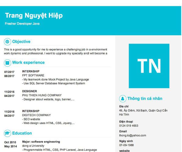 #7052 Mẫu CV Fresher Developer Java thiết kế chuẩn nhất 2024 bởi Trang N