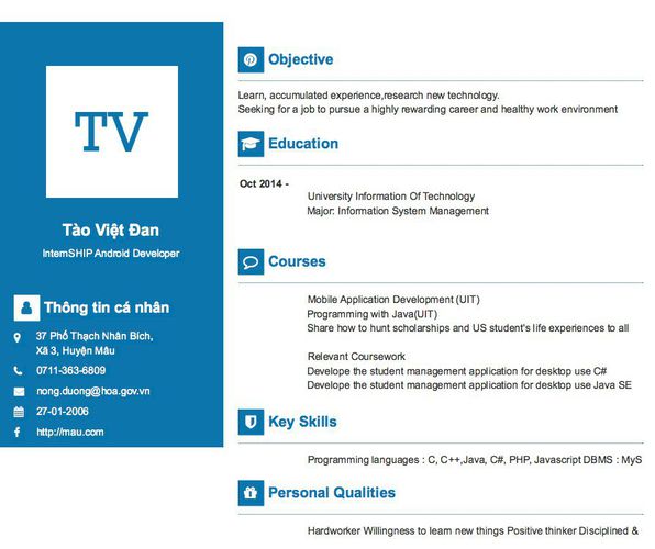 #8132 Mẫu CV InternSHIP Android Developer thiết kế chuẩn nhất 2025 bởi Tào V