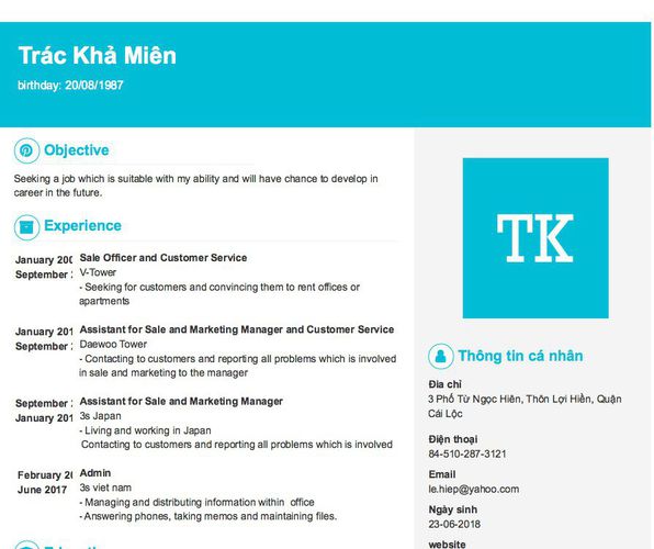 #11115 Mẫu CV birthday: 20/08/1987 thiết kế chuẩn nhất 2025 bởi Trác K