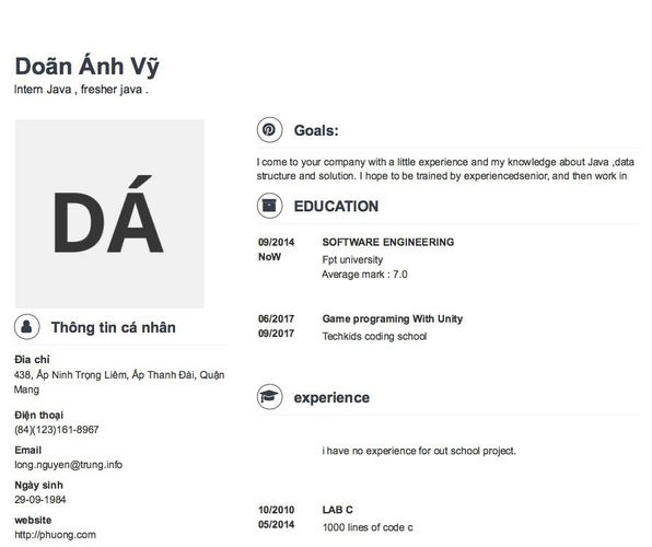 #8635 Mẫu CV Intern Java, fresher java . thiết kế chuẩn nhất 2024 bởi Doãn