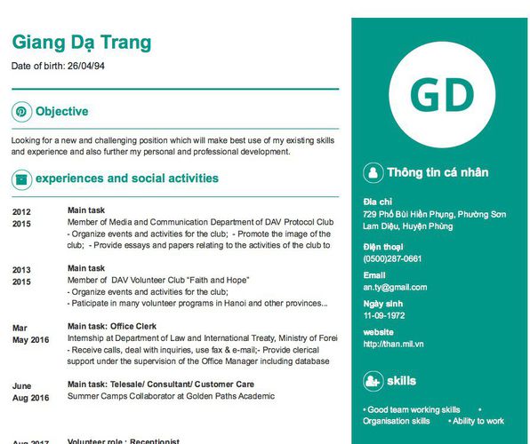 #2605 Mẫu CV Date of birth: 26/04/94 thiết kế chuẩn nhất 2025 bởi Giang D
