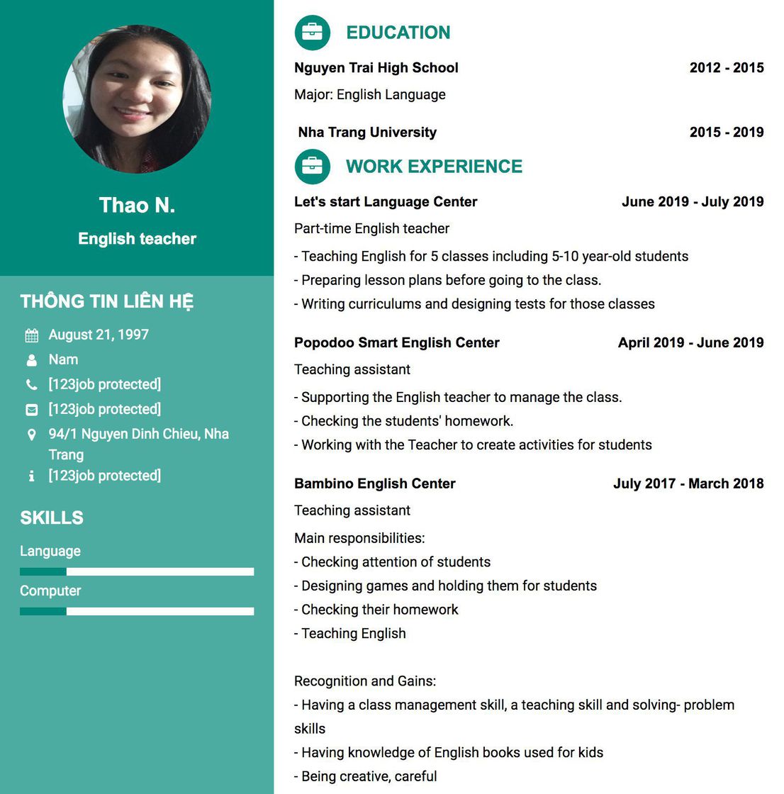 #26373 Mẫu CV english teacher thiết kế chuẩn nhất 2025 bởi Thao N
