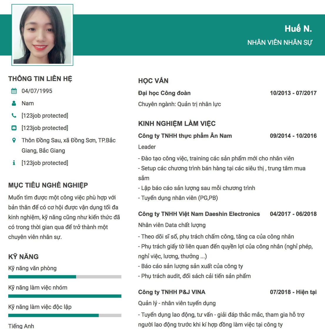 #24588 Mẫu CV nhân viên nhân sự thiết kế chuẩn nhất 2024 bởi Huế N