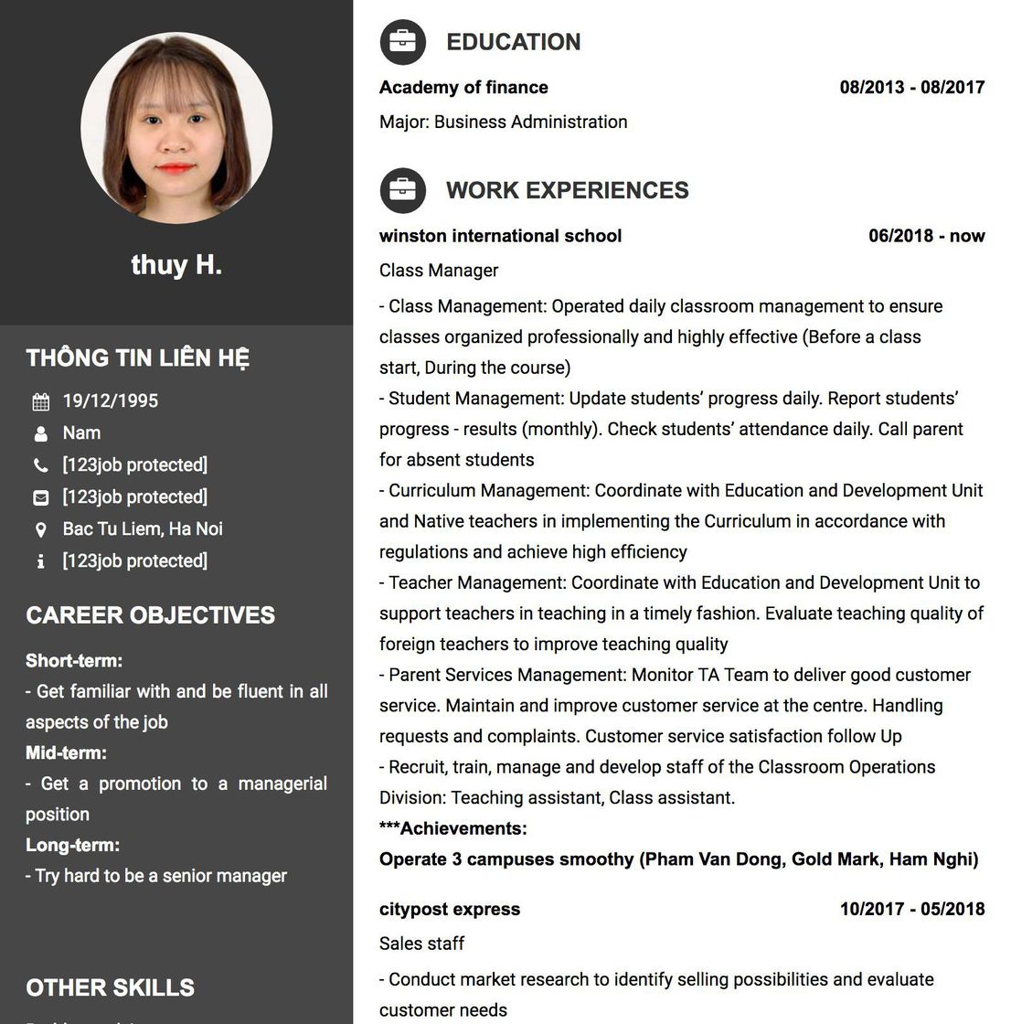 #27196 Mẫu CV class manager thiết kế chuẩn nhất 2025 bởi thuy H