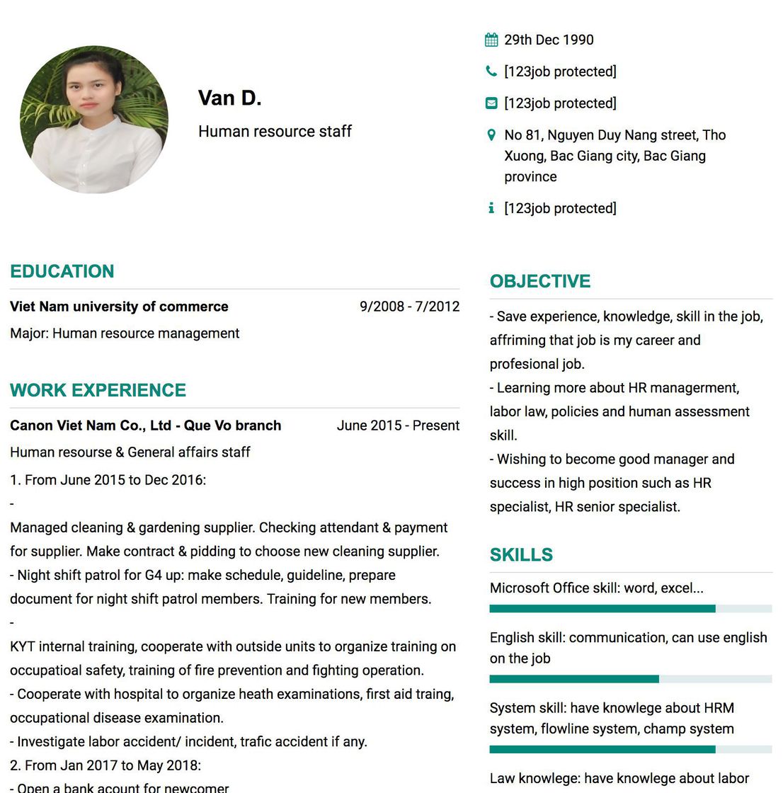 #24570 Mẫu CV human resource staff thiết kế chuẩn nhất 2024 bởi Van D