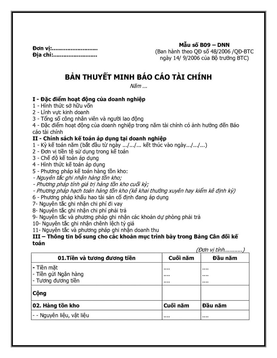 Hướng dẫn chi tiết cách lập và nộp bản thuyết minh BCTC chi tiết nhất